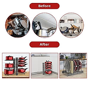 ASHARE Pot and Pan Organizer for Cabinet Adjustable 8 Tiers Pan Pot Lid Organizer Rack Holder with 3 DIY Methods Height Adjustable for Kitchen Counter and Cabinet, Black