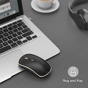 JOYACCESS J Silent Mouse Wireless, Portable Wireless Computer Mouse with 5 Adjustable DPI Levels, USB Mouse for Desktop, Notebook, MacBook, Chromebook, PC (Black Gold)