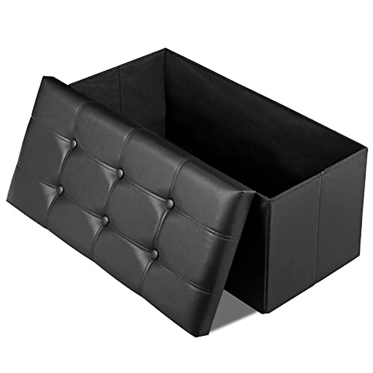 SUPER DEAL Leather Storage Ottoman Bench 30 Inches Folding Footrest with Padded Seat Large Toy Sotrage Chest Long Box for Livingroom Bedroom Entryway, 30"x15"x15", Black