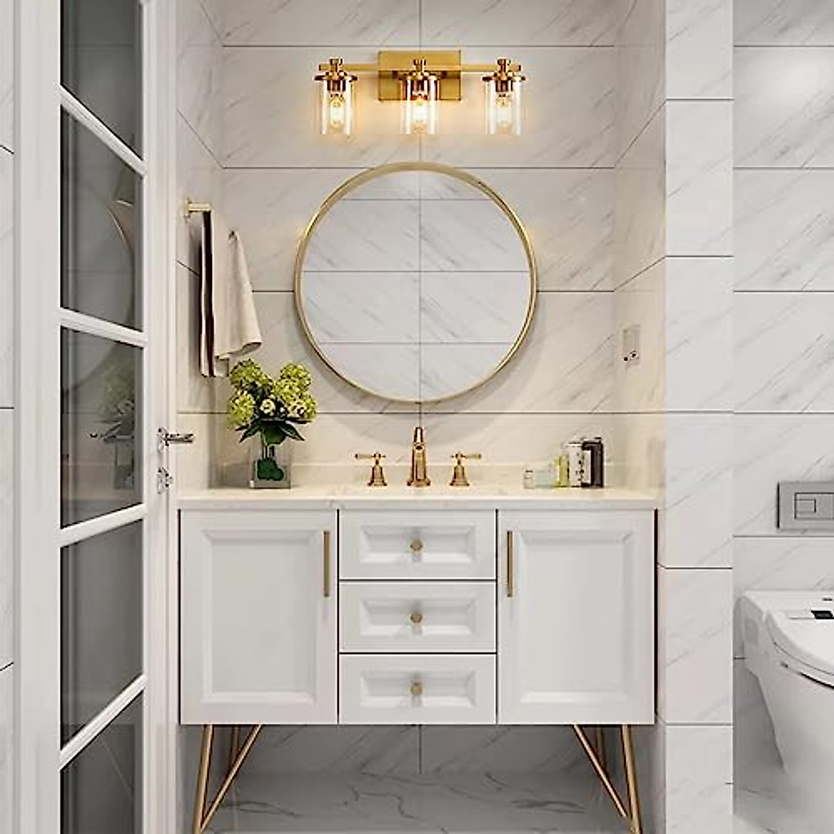 yenlacy 3 Light Bathroom Vanity Light Fixtures, Modern Gold Vanity Lights Over Mirror, Vintage Wall Sconce with Clear Glass Shade, Brushed Gold Vanity Lights for Bathroom