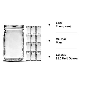 Bedoo Mason Jars 32 oz, 12 Pack Quart Mason Jars With Wide Mouth Lids, Glass Jars for Canning, Food Storage, Meal Prep, Overnight Oats, Fermenting, Pickling, DIY Projects