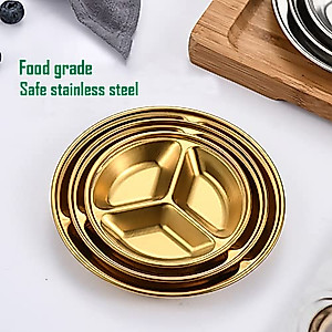 6 Pack Appetizer Plates, Mini Sauce Dishes, Side Dish Bowls, Soy Sauce Dish, Small Bowl/Dish for BBQ, Condiments, Appetizer, Dessert, Sushi, 3 sizes, large, medium and small. (Golden, 3 Compartment)