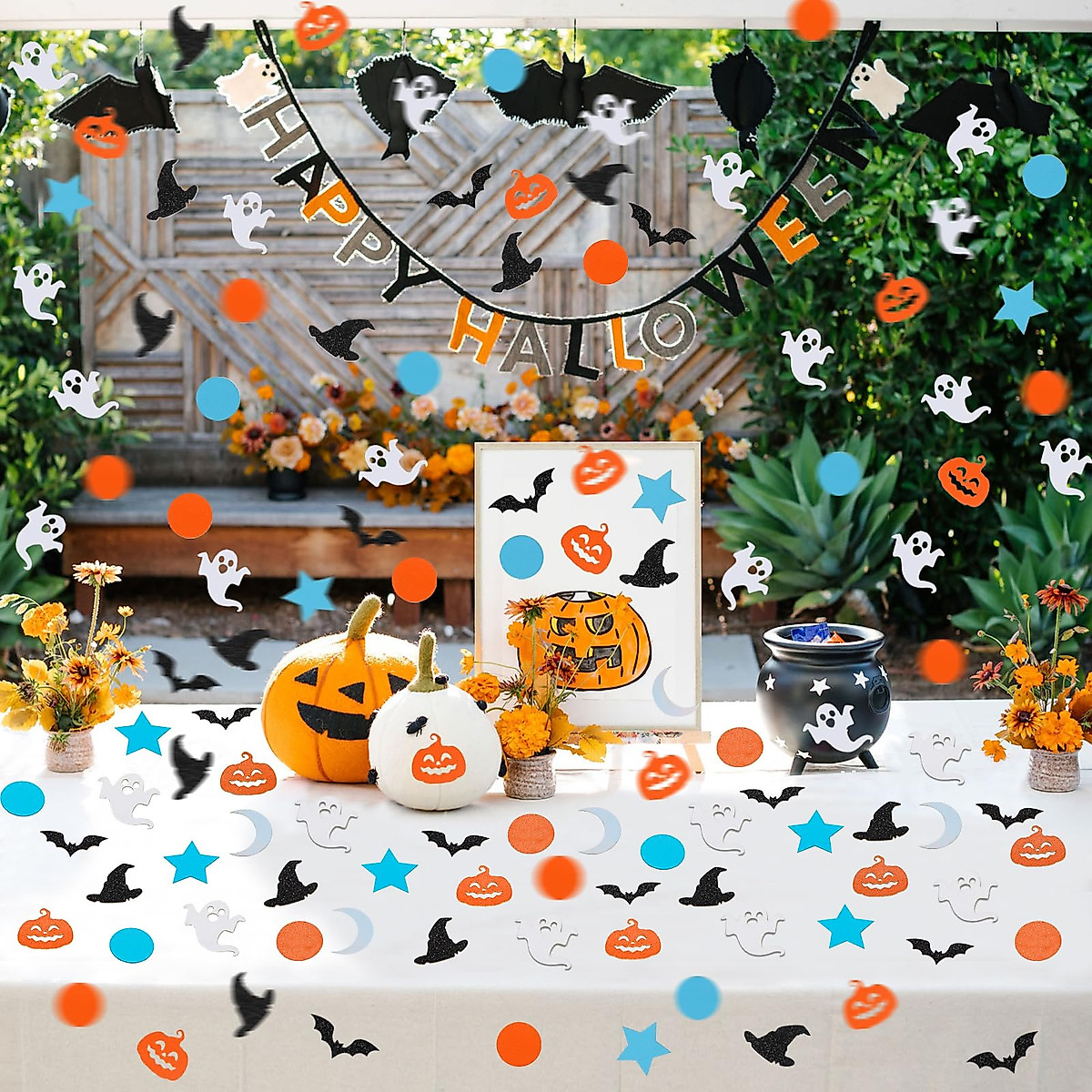 200PCS Halloween Confetti for Tables, Halloween Baby Shower Birthday Table Decorations Scatter Confetti Pumpkin Bat Witch Spider Confetti for Halloween Theme 1st Bday Party Supplies