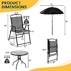 KUJYBG 6 PCS Patio Dining Set Folding Chairs Glass Table Tilt Umbrella Garden