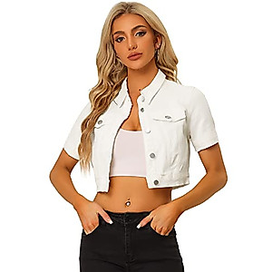 Allegra K Casual Jacket for Women's Short Sleeves Crop Jean Denim Jacket Small White
