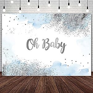AIBIIN 7x5ft Oh Baby Backdrop for Boys Pastel Watercolor Baby Shower Photography Background Blue Clouds Silver Glitter Baby Shower Party Decorations Cake Table Banner Supplies Photo Studio Props