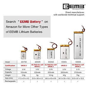 EEMB Lithium Polymer Battery 3.7V 320mAh 402535 Lipo Rechargeable Battery Pack with Wire Molex Connector for Speaker and Wireless Device- Confirm Device & Connector Polarity Before Purchase