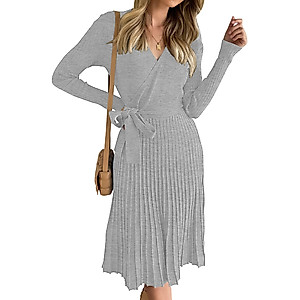 ZESICA Women's Fall Long Sleeve Wrap V Neck Ribbed Knit Pleated A Line Pullover Sweater Dress with Belt,Grey,Small