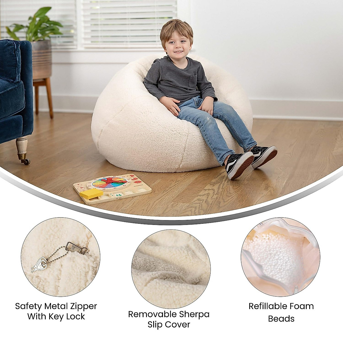 Flash Furniture Dillon Sherpa Bean Bag Chair, Classic Refillable Bean Bag Chair for Kids and Teens, Small, Natural