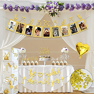 Hombae Engagement Party Decorations, Gold and White Bridal Shower Dimond Fringe Curtain Balloon Garland Leaves He Asked She Said Yes Banner Cake Cupcake Topper Box Cutout I Do Confetti Sash