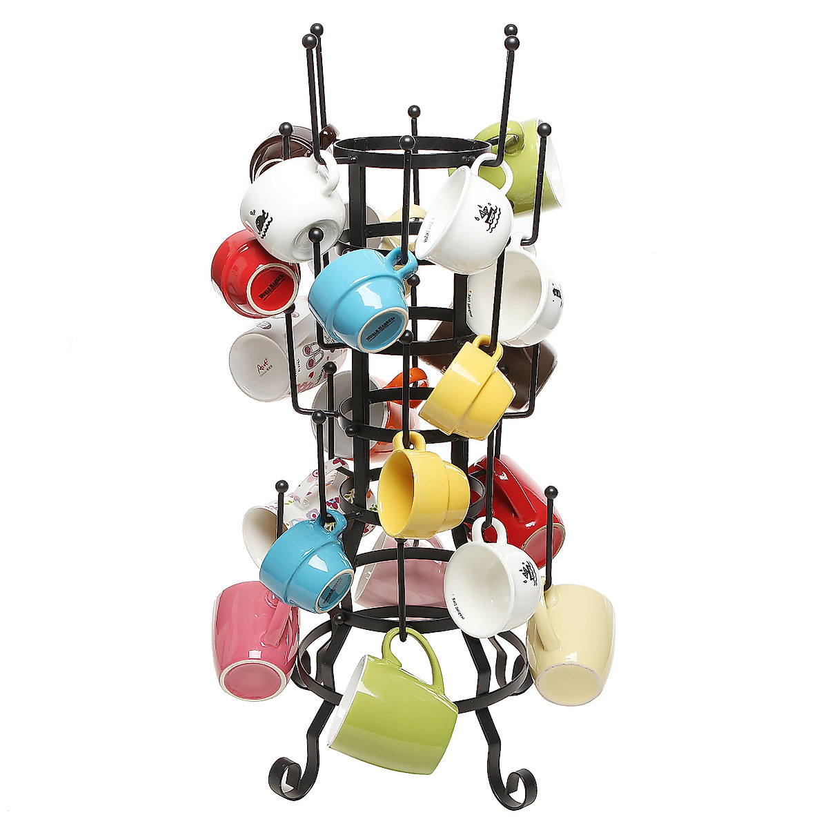 MyGift 24-Hook Rustic Black Iron Coffee Mug Holder, Tea Cup Display Stand, Drinking Glasses Baby Bottle Drying Rack Stand