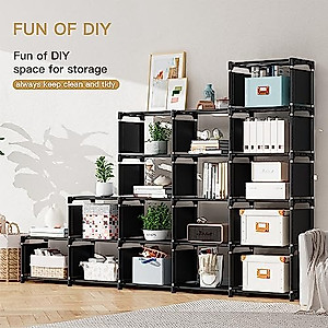 REIBII Bookshelf for Bedroom Book Shelf Organizer Bookcase Tall Book Case 18 Cube Storage Organizer Cube Shelf Black Cubby Storage Organizer Shelves for Bedroom Living Room Closet Office DIY