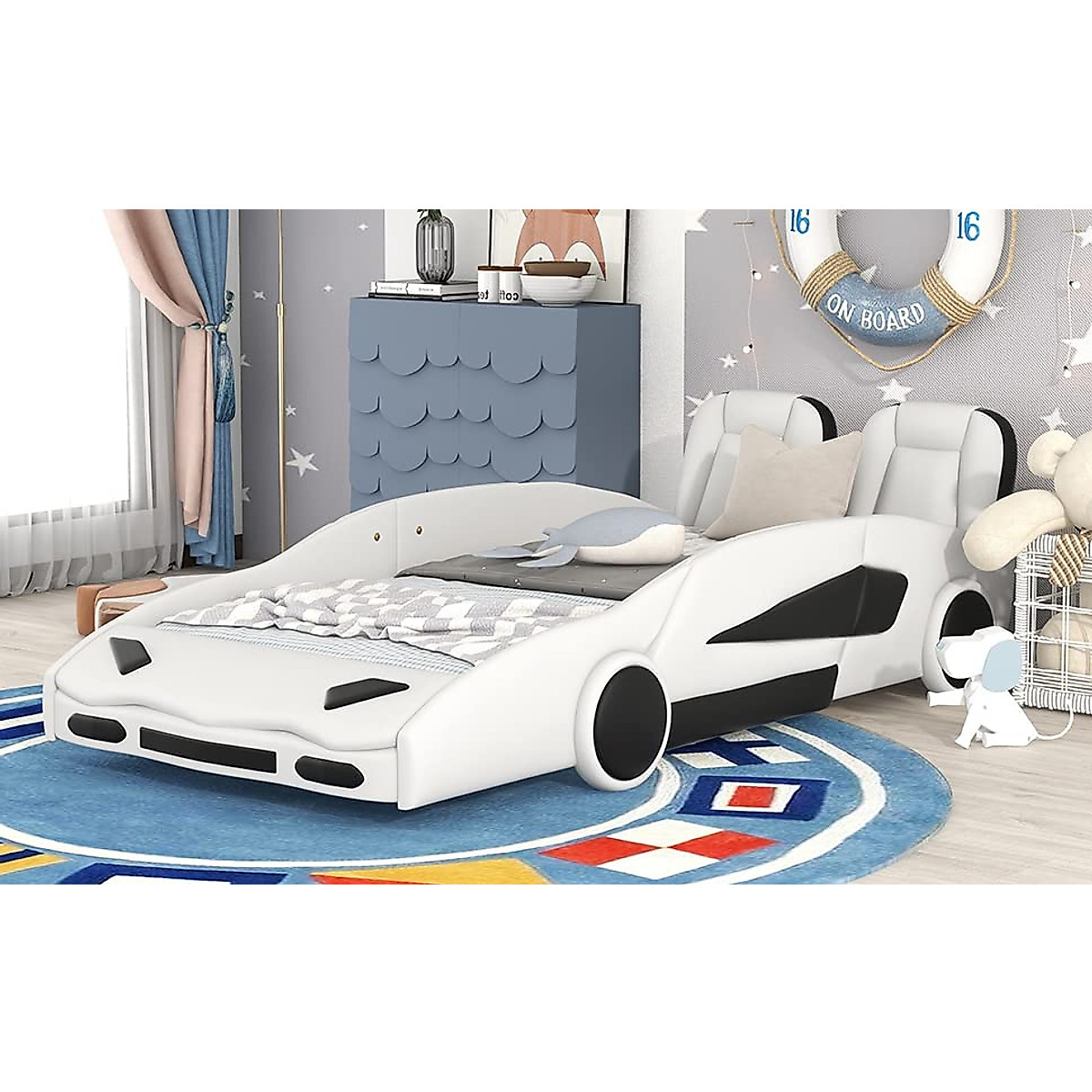 Harper & Bright Designs Twin Size Race Car-Shaped Platform Bed with Wheels, White