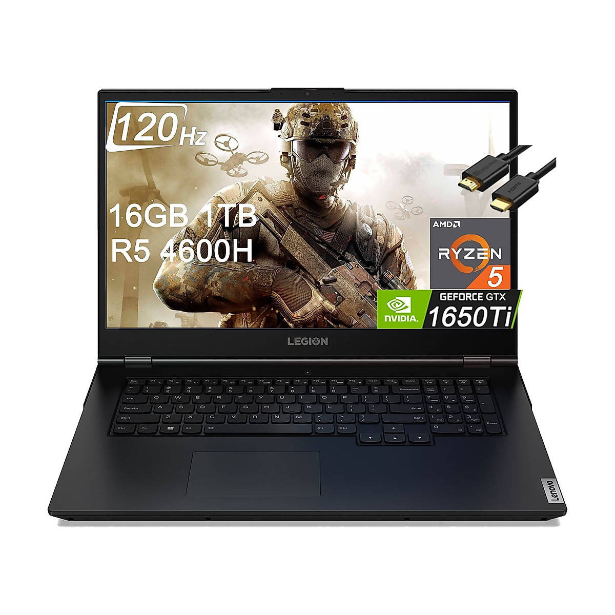 Lenovo Legion 5 15.6" Full HD IPS 120Hz Gaming Laptop (AMD Ryzen 5 4600H, 16GB RAM, 1TB PCIe SSD, GeForce GTX 1650 Ti 4GB), Backlit, WiFi 6, Dolby Atmos, IST Cable, Windows 10 Home