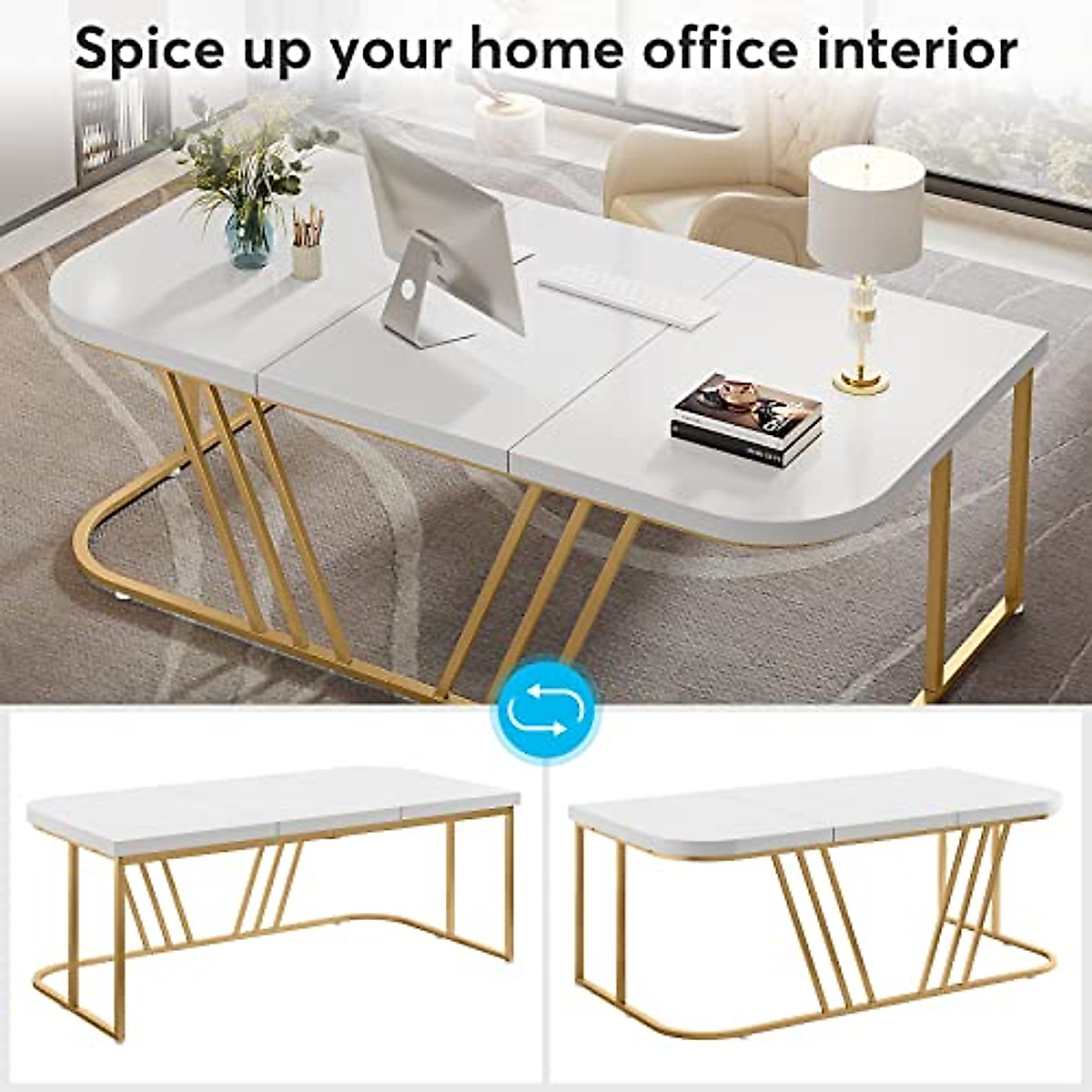 LITTLE TREE 63 inches Executive, Home Office Computer Desk Modern Glod Large Conference Table with Metal Frame, Gold & White