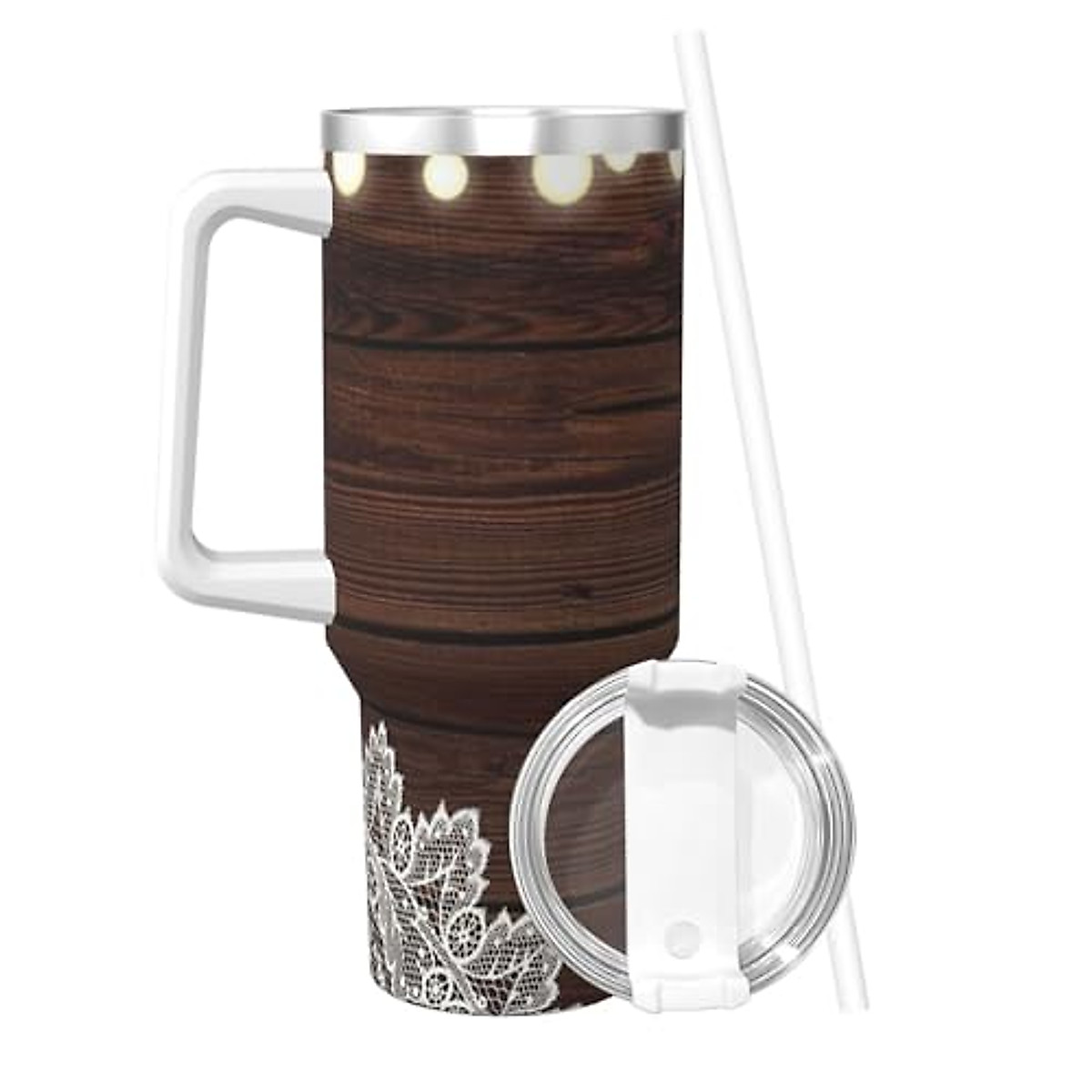 Xiexide 40oz Fits Cup Holder Travel Rustic Western Country Brown Lace Floral Wood Double Walled Vacuum Insulatedith Handle And Straw,Hot & Cold Drinks
