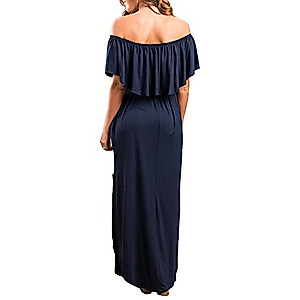 Womens Off The Shoulder Ruffle Party Dresses Side Split Beach Maxi Dress Navy L