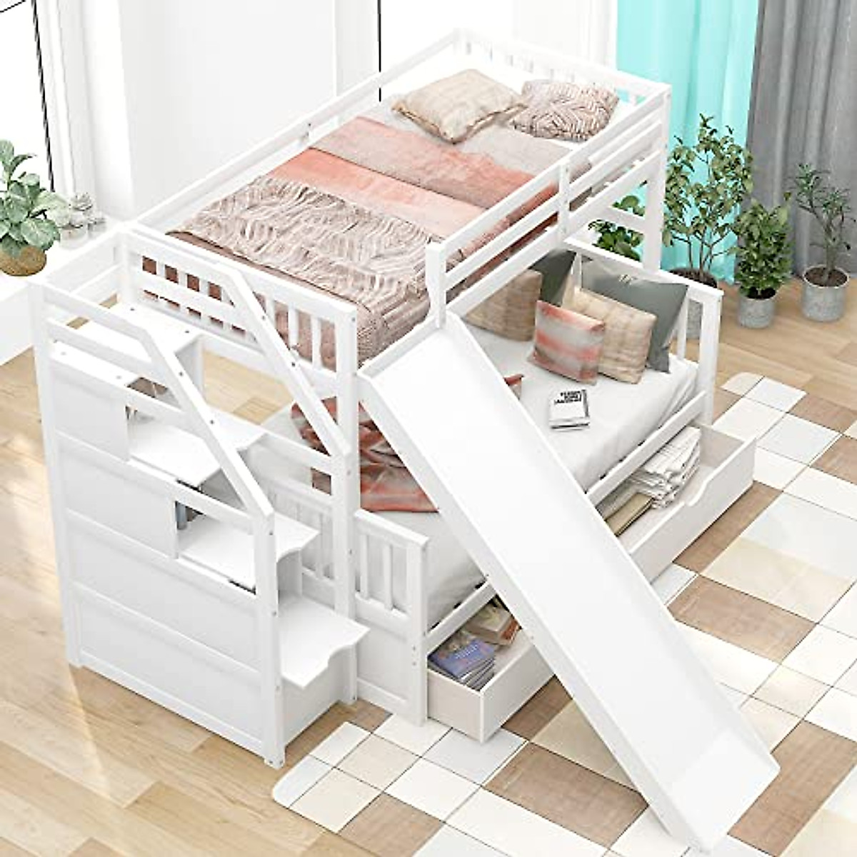 Twin Over Full Bunk Bed with 2 Drawers and Slide,Solid Wood Bunk Bed Frame with Convertible Storage Staircase for Kids, Teens Bedroom, Guest Room Furniture, No Box Spring Needed