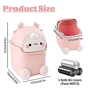 QLFJ-FurDec Cute Desktop Trash Can Wastebasket with 90 Trash Bags, Creative Tiny Countertop Garbage Can with Flip Lid, Small Plastic Storage Bin for Bedroom Bathroom Living Room Dressing Table(Pink)
