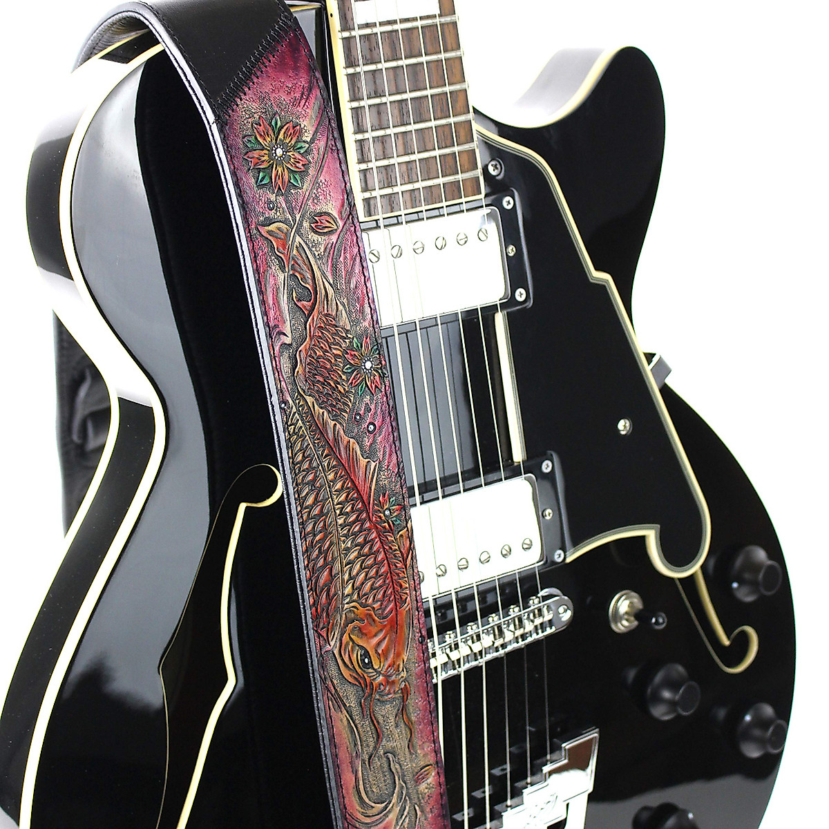 Walker And Williams KB-21 Black & Magenta Carved Grain Leather Strap W/Fire Koi Design