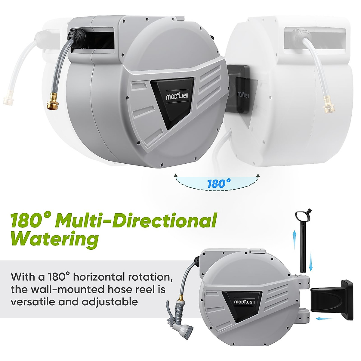 Retractable Garden Hose Reel Wall Mounted, 1/2 Inch x 100 ft + 6.6 ft Semi-Automatic Hose Reel with Brass Connector, 9 Pattern Hose Nozzle, Auto Rewind, Any Length Lock and 180° Swivel Bracket