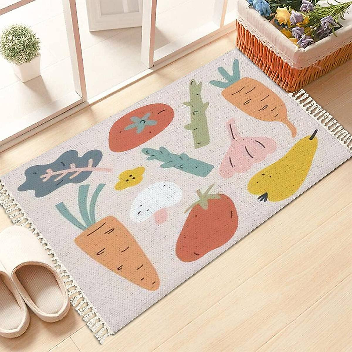 Boho Area Rug Vegetables Collection Set Illustrations Veggies Fruit Trendy Earthy Play Mat Runner Carpet Minimalist Room Decor Indoor Outdoor Woven Rug Entryway Laundry Room Bedroom Rug 3x5'