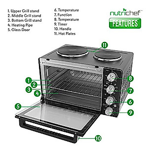 NutriChef 30 Quarts Kitchen Convection Oven - 1400 Watt Countertop Turbo, Rotisserie Roaster Cooker with Grill, Griddle Top Rack, Dual Hot Plates, Toaster, Baking Tray, Skewers and Handles - PKRTO28