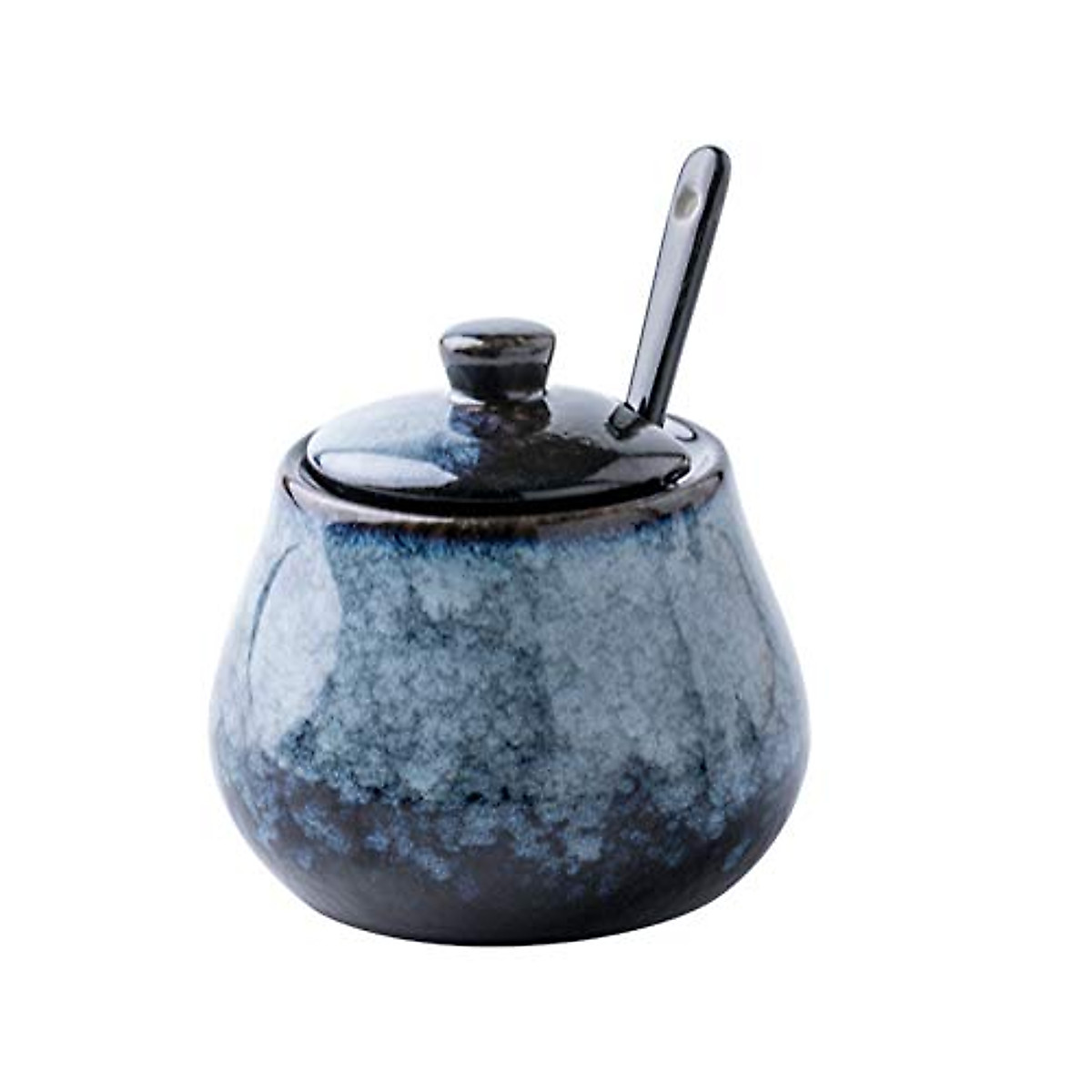 Antique Ceramic Sugar Bowl Salt Bowl with Lid and Spoon 8oz Seasoning (Grey Blue) Seasoning Can