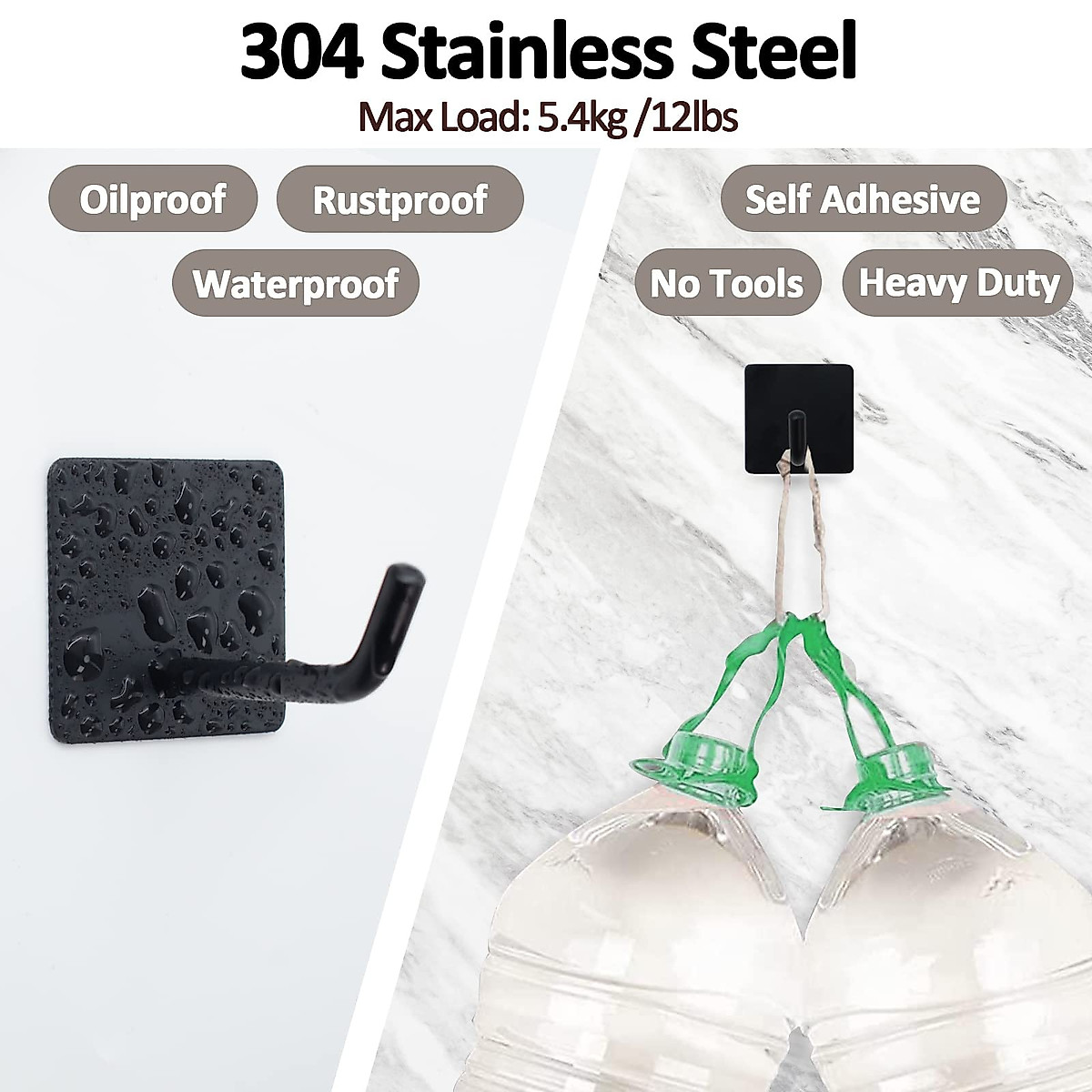 LIOUCBD 4PCS Adhesive Sticky Wall Hooks Heavy Duty, Long Stainless Steel Towel Hooks for Hanging Kitchen Bathroom Home, Waterproof Hook Wall Hanger Holder for Key Hat Coat Bag (Black)