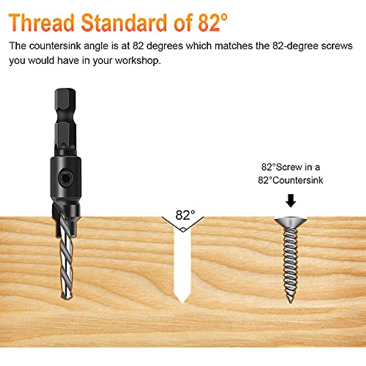 Countersink Drill Bit Set, Woodworking Chamfered Adjustable Counter Sinker Tools on Counter Sink Holes with 1/4" Hex Shank for DIY Woodworking with One L-Wrench