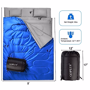 Goplus Double Sleeping Bag Waterproof Portable 2 Person Sleeping Bags with 2 Pillows & Carrying Bag, Queen Size XL 3-4 Season for Adults Teens Camping Traveling Hiking Outdoor Activities (Blue)