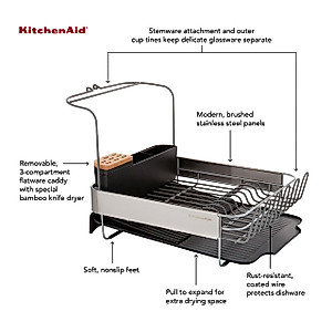 KitchenAid Full Size, Rust Resistant Expandable Dish Rack with Angled Self Draining Drainboard, 24-Inch, Black