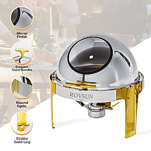ROVSUN 2 Packs Roll Top Chafing Dish Buffet Set Gold Accent,NSF 6 Quart Round Stainless Steel Chafer, Buffet Servers and Warmers Set with Glass Window for Wedding, Parties, Banquet, Events
