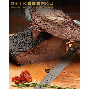 KESSAKU 14-Inch Slicing Carving Knife - Samurai Series - Serrated Granton Edge - Forged High Carbon 7Cr17MoV Stainless Steel - Pakkawood Handle with Blade Guard