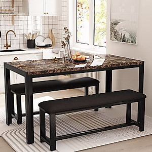 Recaceik Dining Table Set for 4, Kitchen Table and Chairs for 4, Faux Marble Dining Room Table with 2 Benches, Space Saving Dining Table and Upholstered PU Leather Bench for Small Spaces, Brown