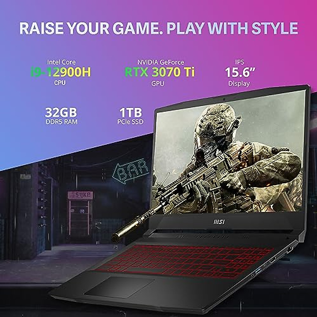 MSI Katana GF66 15.6” FHD Gaming Laptop, Intel Core i9-12900H, NVIDIA GeForce RTX 3070Ti, 32GB DDR5 RAM, 1TB PCle SSD, Backlit Keyboard, Nahimic Audio, WiFi 6, Black, Win 11 Pro, 32GB USB Card
