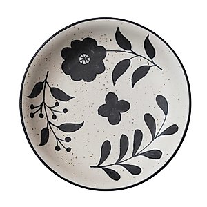 Creative Co-Op Hand Painted Stoneware Bowl with Floral Design, Black and White