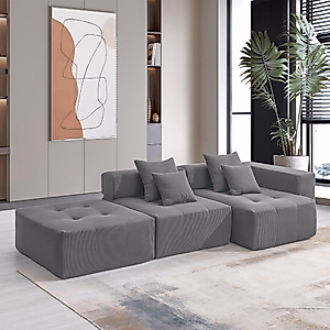P PURLOVE L Shaped Sectional Sofa, Corduroy Modern Minimalist Style L Shaped Couch, Modular Upholstered Living Room Sofa Set for Living Room, Apartment, 3 PC Free Combination (Gray)