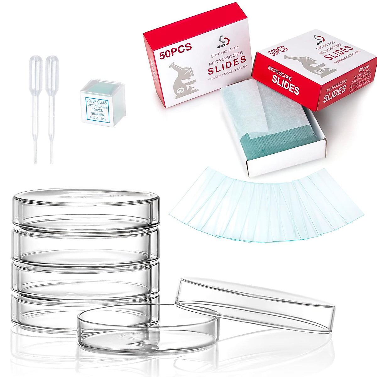 Sterile Plastic Petri Dishes Set, 50 Pcs Pre-Cleaned Blank Microscope Slides, 100 Pcs 20x20mm Square Cover Glass, 5 Pcs 90mm Diax15mm Deep Lab Petri Plate Dish with Lid and 10 Test Pipette Droppers