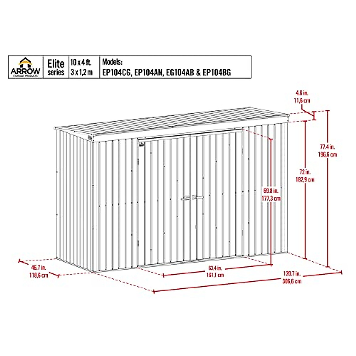 Arrow Shed Elite 10' x 4' Outdoor Lockable Steel Storage Shed Building with Pent Roof, Cool Grey
