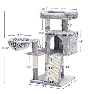 Hey-brother Cat Tree with Sisal Scratching Posts, Cat Tower with Scratching Board,Multi-Level Cat Condo with Basket,Light Grey MPJ014W