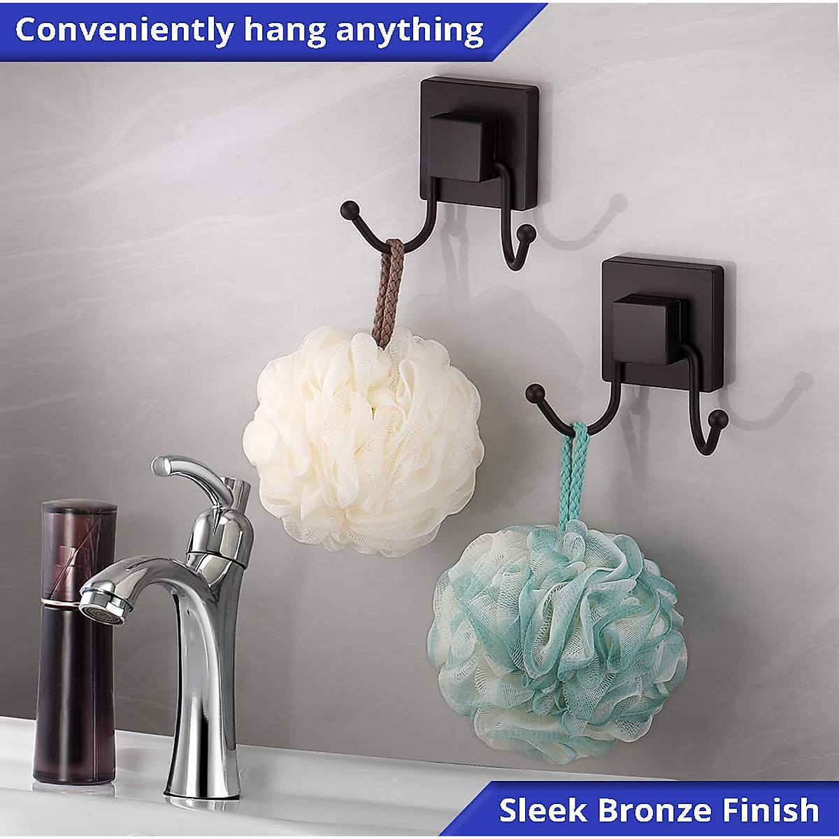 HOME SO Suction Cup Hooks for Shower, Bathroom, Kitchen, Glass Door, Mirror, Tile – Loofah, Towel, Bath Robe Removable Hook Holder – Prisma Collection, Stainless Steel Bronze (2-Pack)…
