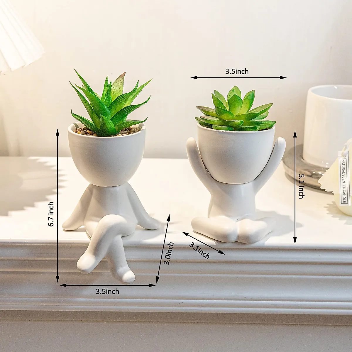 VENY TAYA 2 PCS Unique Artificial Plants Succulents Office Decor for Women and Men, Small Fake Plants with Human-Shaped Pots, Cute Faux Plants Indoor for Office or Home Decoration, White