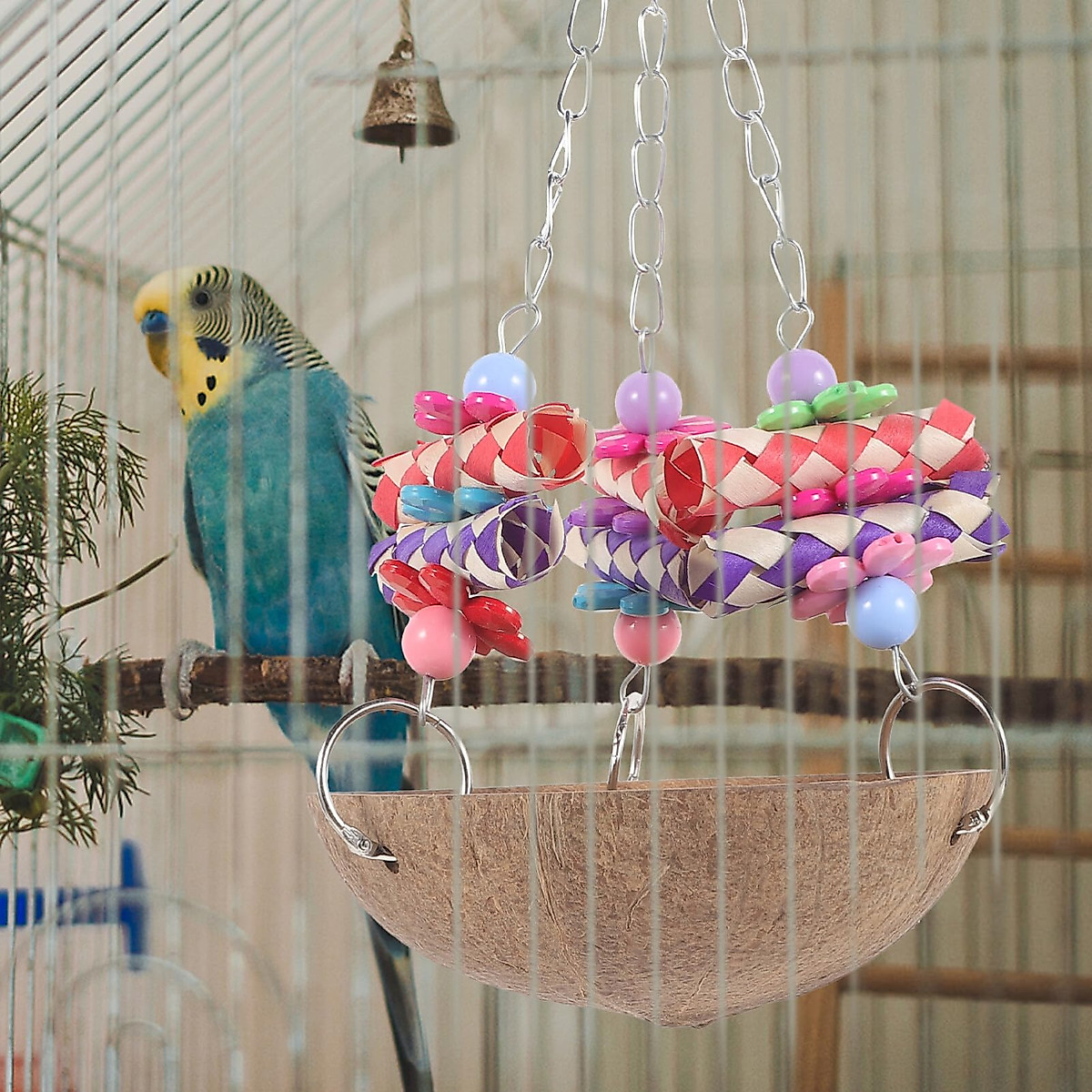 Bird Hammock Coconut Shell Hamster Nest Parrot Cage with Chain Charm and Fake Flower for Pet Hanging Bed (5x11”)