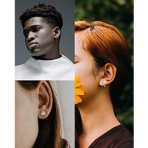 Ofeiyaa 12 Pairs Stainless Steel Stud Earrings Cubic Zirconia Cartilage Barbell Earring Set for Men Women Black Silver Tone 8mm