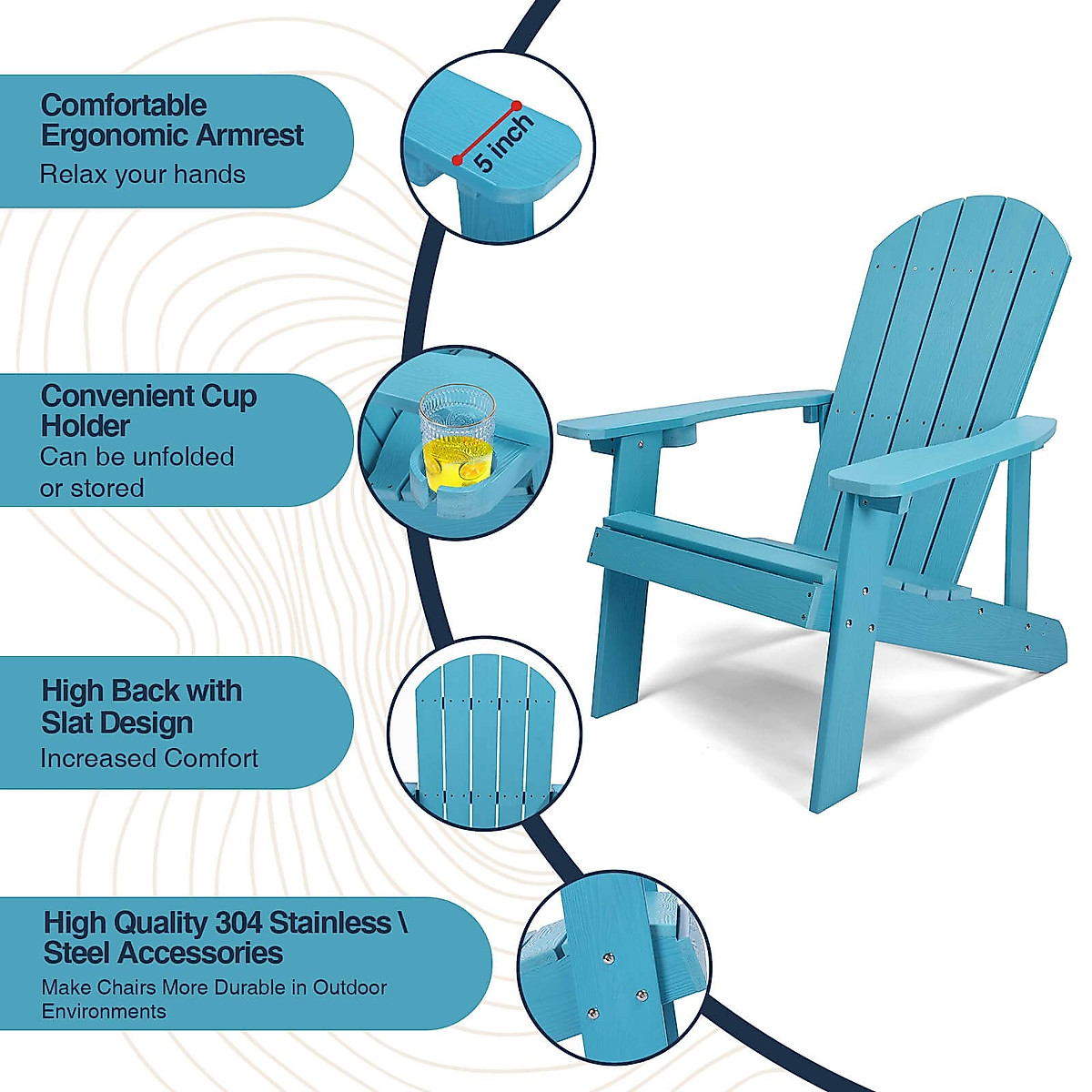 hOmeQomi Adirondack Chairs Set of 2, All Weather Resistant Plastic Chairs with Cup Holder, 5 Easy Steps to Install, Outdoor Chairs for Patio, Garden, Backyard Deck, Lawn, Fire Pit - Lake Blue