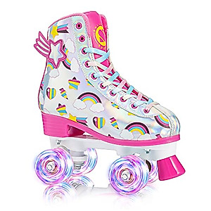 SULIFEEL Rainbow Unicorn Roller Skates for Girls Light up Wheels Womens Quad Skates with High Top Reflective TPU Leather Rainbow