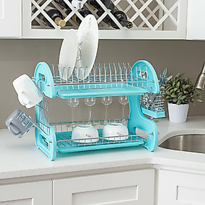 Home Basics 2 Tier Dish Drainer (Turquoise) Dish Rack for Kitchen Counter, with Cutlery Holder and Cup Slots