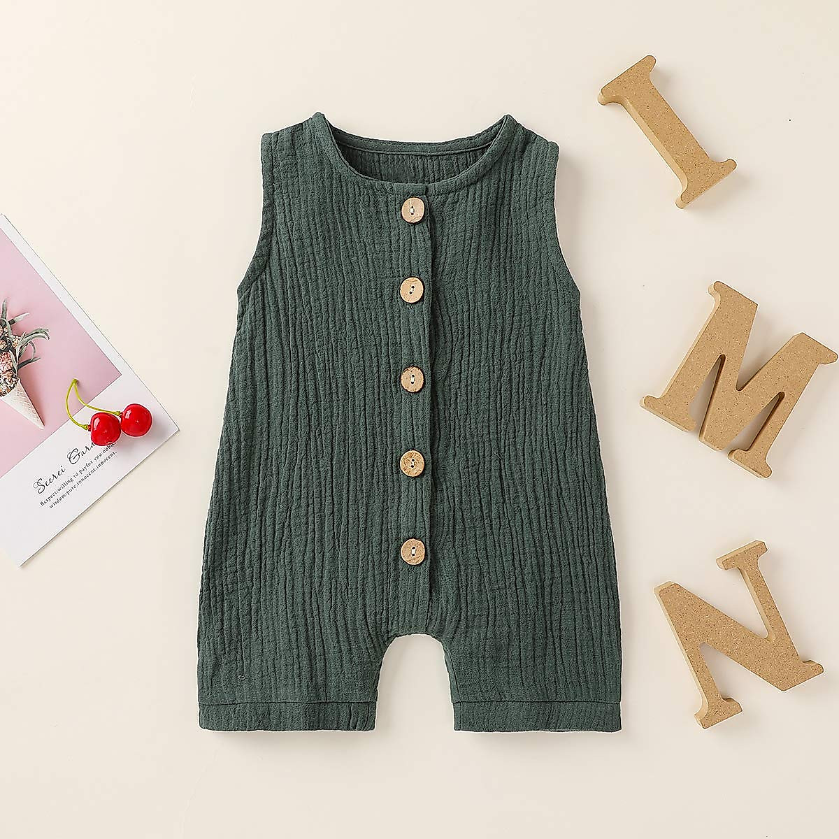 Cecobora Infant Newborn Baby Boys Girls Cotton Linen Romper Summer Jumpsuit Sleeveless Overalls Clothing Set (Green, 0-3 Months)