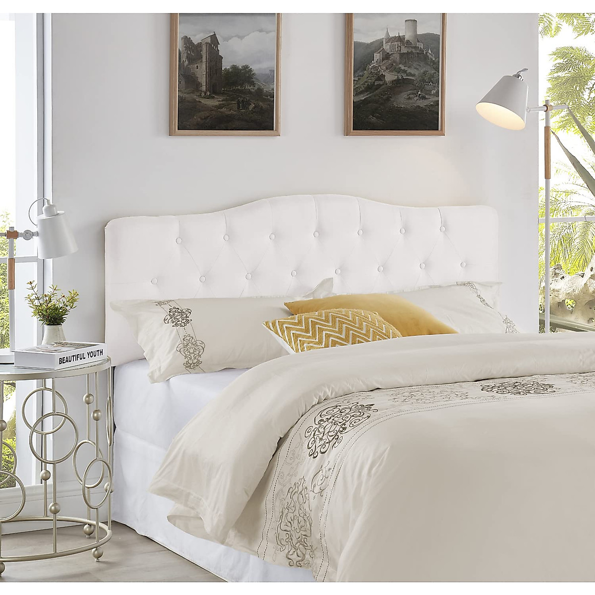 Cassandra Headboards for Full Size Bed, Upholstered Button Tufted Bed Headboard, 12 Adjustable Positions Full Headboard Only, Wall Mounted Headboard, Bed Backboard Linen Fabric Head Board - White